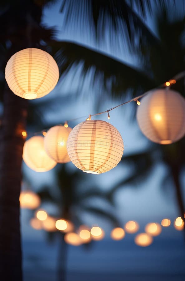 Garland on a Tropical Beach with Glowing Paper Lanterns. Stock ...