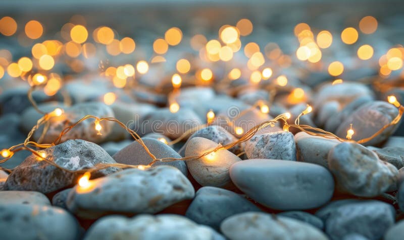 Garland of Warm Amber Lights on the Pebble Background Stock ...