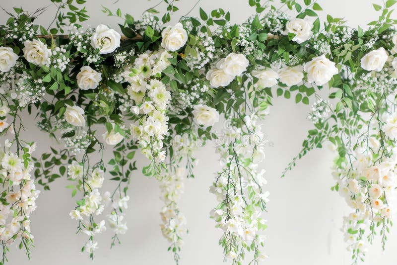 Garland of White Roses and Greenery on a Wall Stock Photo - Image of ...