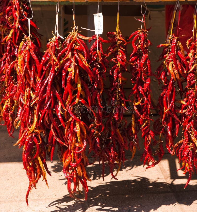 Garlands of Dry Red Chilly Peppers Stock Photo - Image of crop, food ...