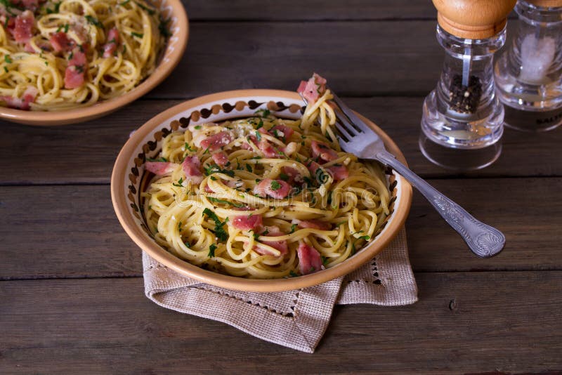 Garlic Bacon Pasta. Italian Food. Stock Image - Image of eating ...