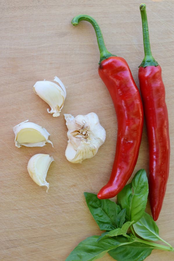 Garlic, Basil and Hot Chili Peppers Stock Image - Image of ...