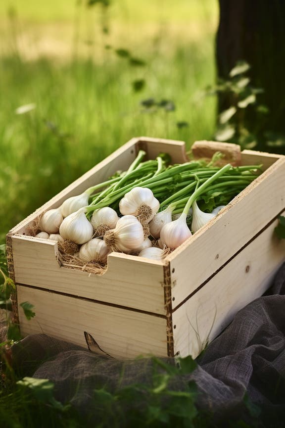 Garlic in a Box in the Garden. Selective Focus Stock Illustration ...