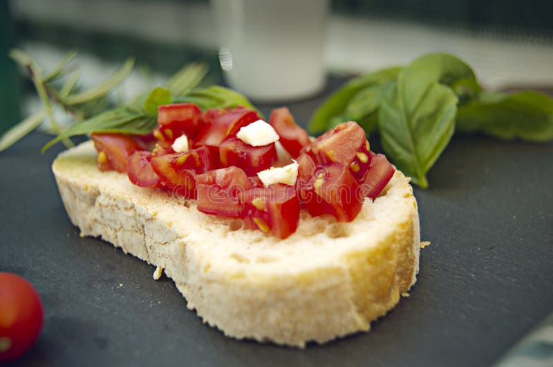 Garlic Bread Bruschetta with Cherry Tomatoes and Ingredients Stock ...