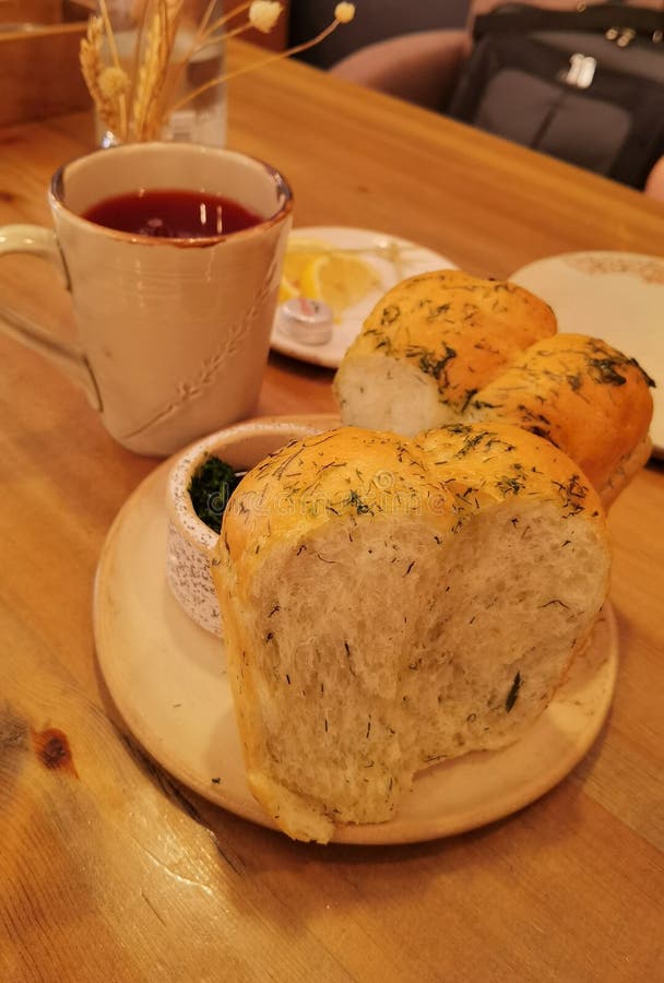 Garlic Bread and a Cup of Compote Stock Image - Image of breakfast ...