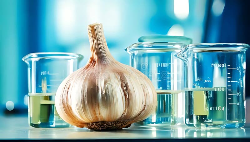 A Garlic Bulb Presented with Beakers of Liquid within a Science ...