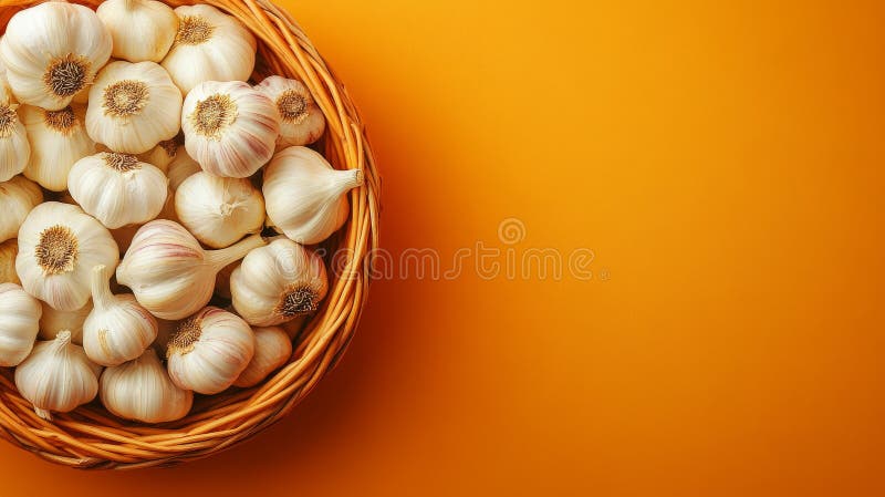 Garlic Bulbs in a Basket on an Orange Background. Stock Photo - Image ...