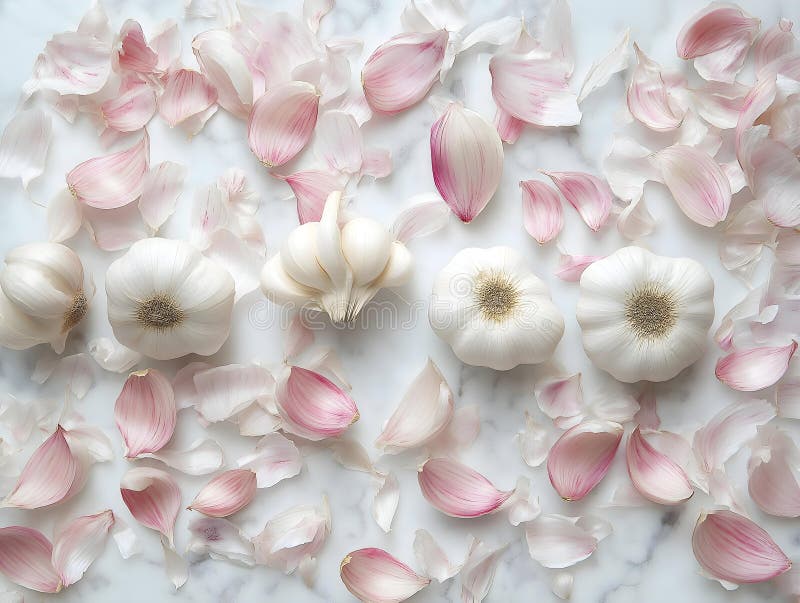 Garlic Bulbs and Delicate Pink Petals Arranged on a White Background ...