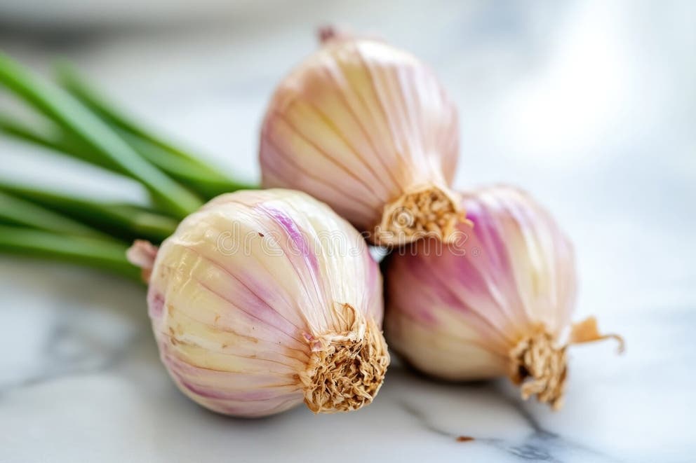 Garlic Bulbs Sit on a Marble Surface Stock Photo - Image of culinary ...