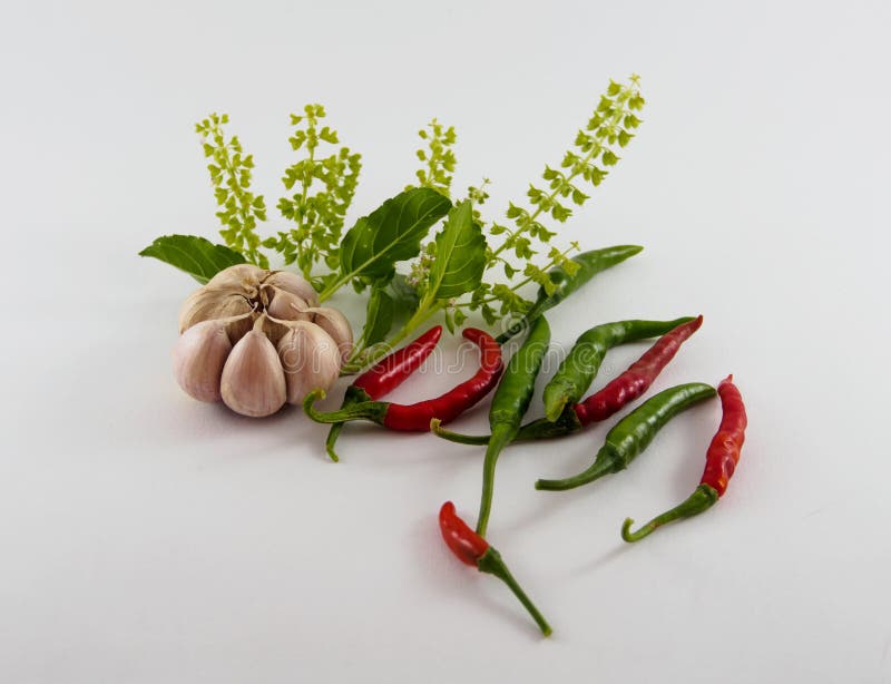Garlic Chili and Basic on White Background Stock Photo - Image of ...