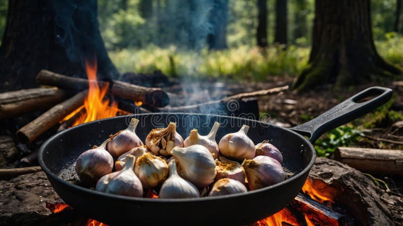 Garlic Cloves Cooking Over an Open Fire in a Forest Setting Stock ...