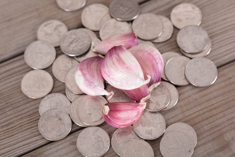 Garlic Cloves on a Pile of Dollar Coins Stock Image - Image of dollars ...
