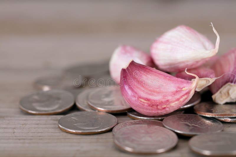 Garlic Cloves on a Pile of Dollar Coins Stock Photo - Image of stack ...