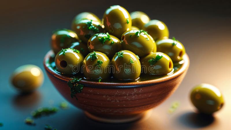 Garlic Herb Marinated Green Olives Bowl Appetizer Food Stock Photo ...