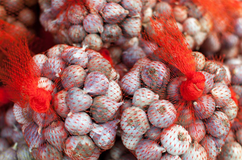 Garlic in the Net at the Grocery for Sale Stock Image - Image of spice ...