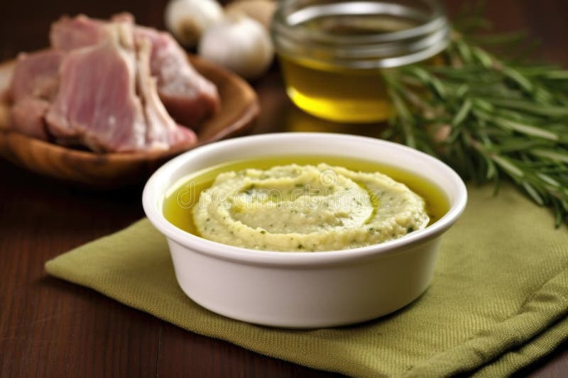 Garlic-rosemary Paste in a Bowl, a Lamb Roast in the Background Stock ...