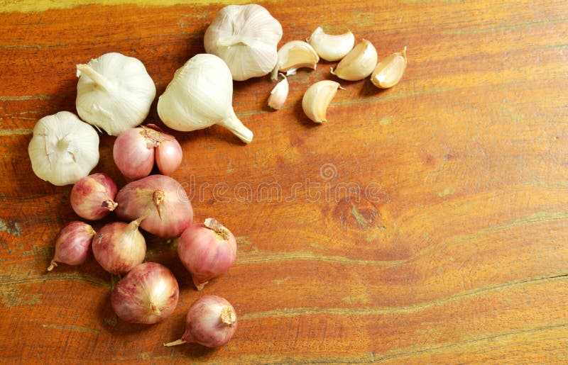 Garlic and Shallot Fresh Herb and Spice on Wooden Table Stock Photo ...