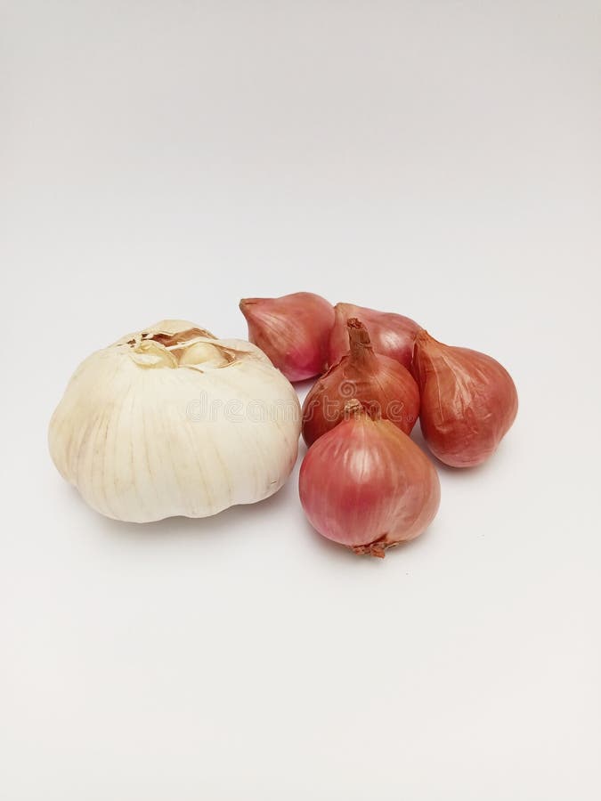 Garlic and Shallot Put Together on Isolated White Background, One Bulb ...