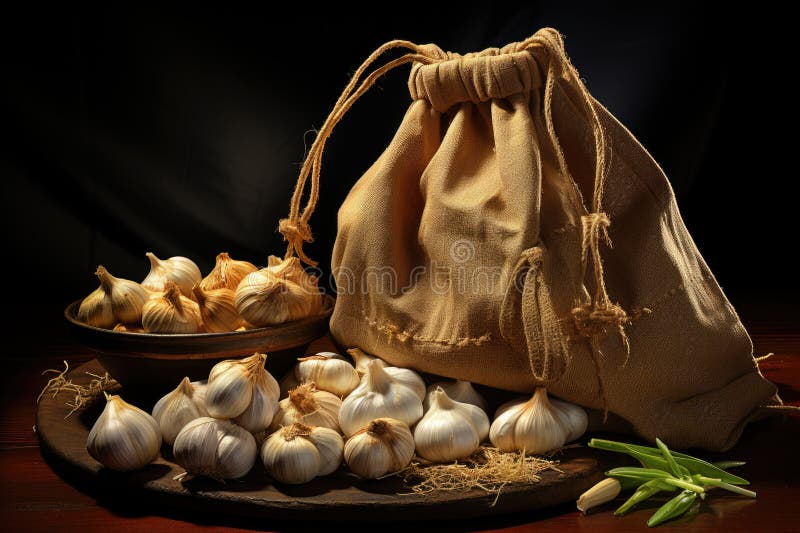 Garlic in a Side View of the Network Bag on a Dark Textured Back Stock ...