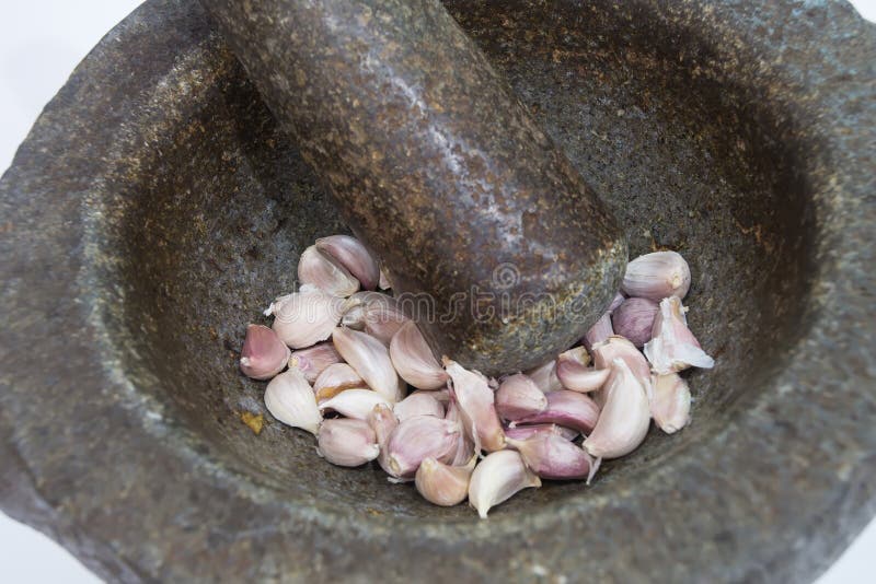 Garlic in stone mortar stock photo. Image of utensils - 66031762