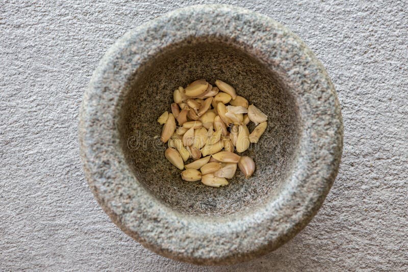 Garlic in stone mortar stock image. Image of brown, concrete - 130238125