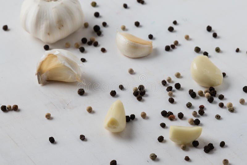 Garlic on Table with Condiments Stock Photo - Image of flavor ...