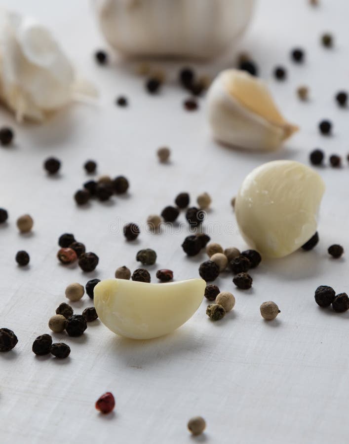 Garlic on Table with Condiments Stock Photo - Image of bulb, clove ...