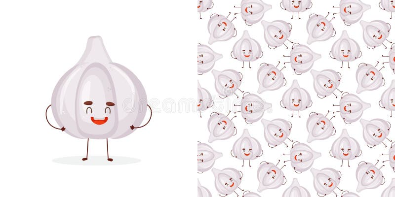 Garlic, Vector Seamless Pattern with Cute Cartoon Vegetable Characters ...