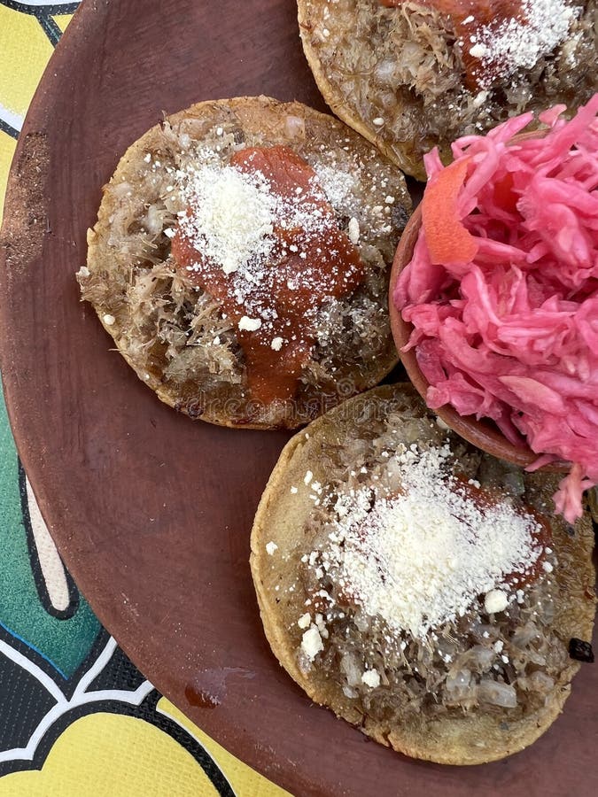 Garnachas Appetizer Served on Clay Plate. Crispy Corn Tortilla Served ...
