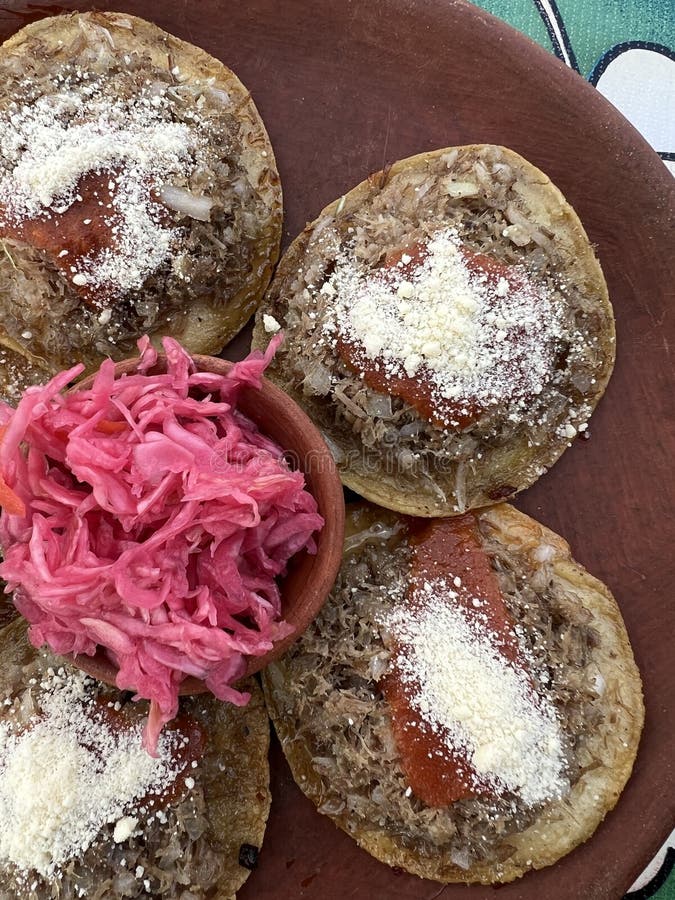 Garnachas Appetizer Served on Clay Plate. Crispy Corn Tortilla Served ...
