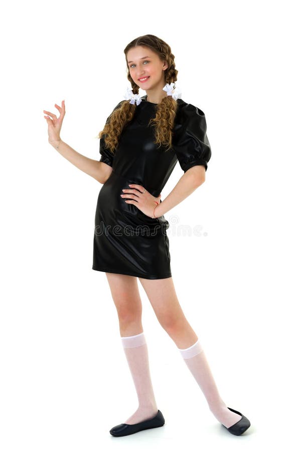 Garota Feliz Com Roupas Pretas E Meias Do Joelho Imagem De Stock