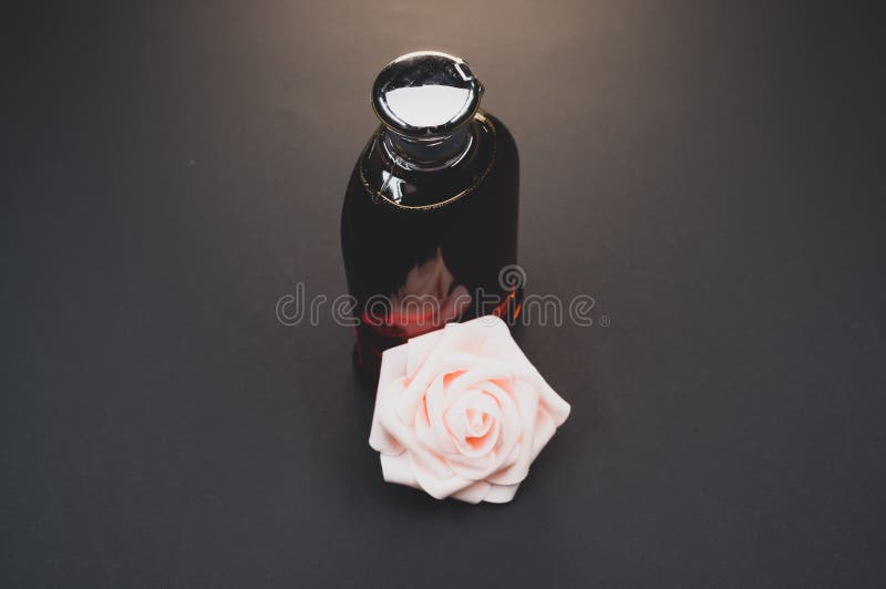 Garrafa De Perfume De Rosa E Uma Rosa Sobre Fundo Preto Imagem de Stock ...