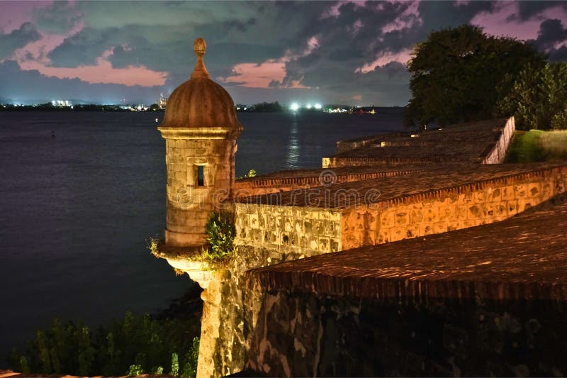 Watchtower at Old San Juan at Night Stock Image - Image of waterway ...