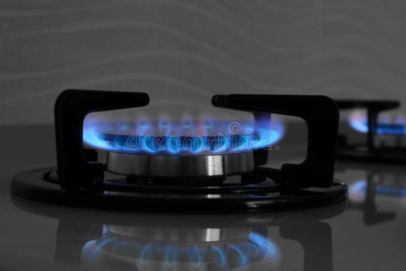 Gas Burner of Modern Stove with Burning Flame Stock Image - Image of ...