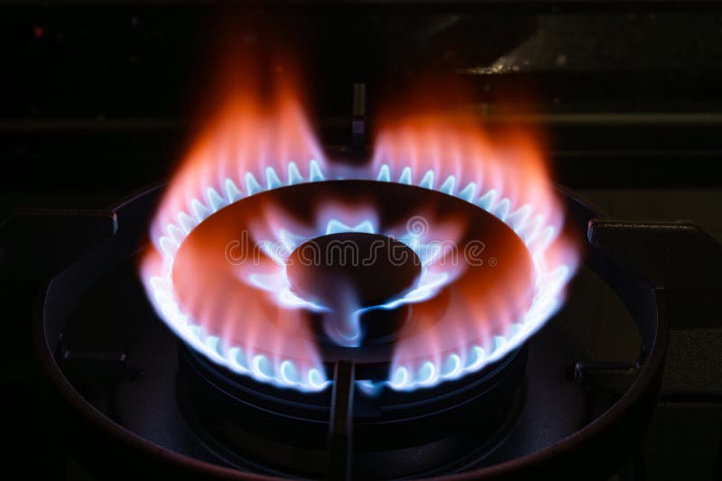 Gas Burning from Kitchen Gas Stove in Dark Stock Photo - Image of ...