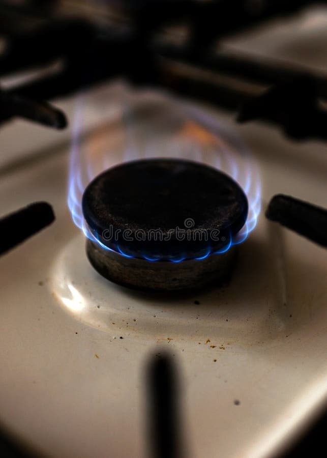 Gas Burning Kitchen. Gas Stove at Home Evening Stock Photo - Image of ...