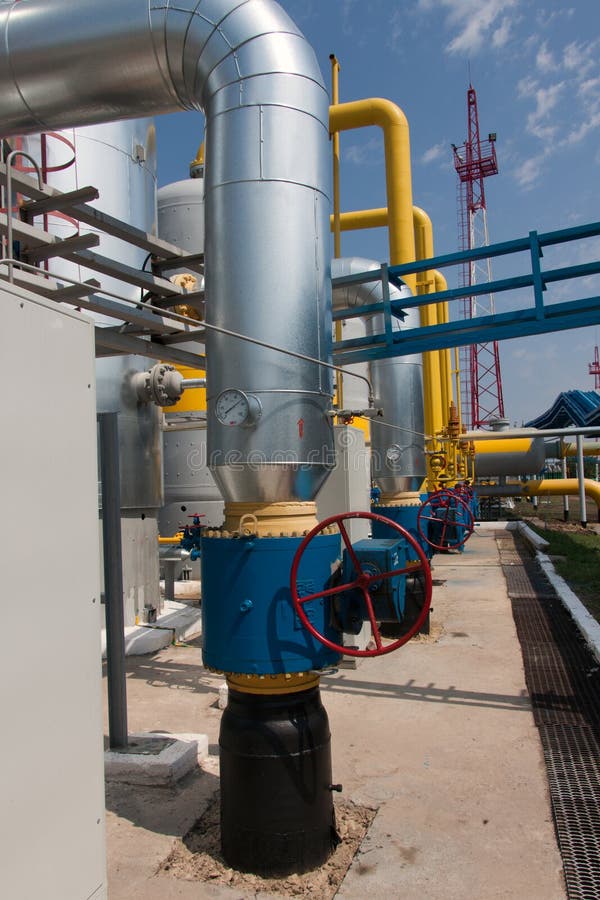 Red Handle Gate Valve with Steel Pipe on Gas Compressor Station Stock ...