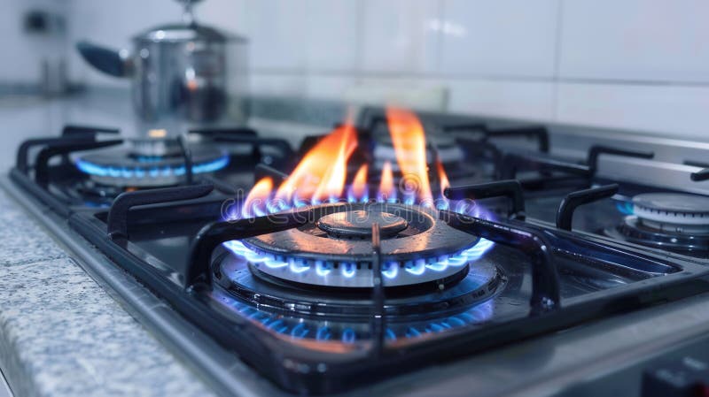 Gas Flame Burning Brightly on a Stove in a Modern Kitchen Setting ...