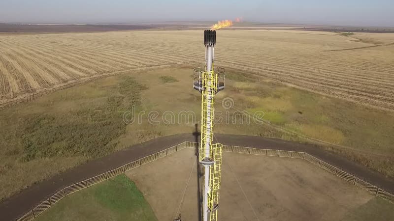 Gas Flare of Petroleum Refinery in Field, Aerial View, Closeup Stock ...
