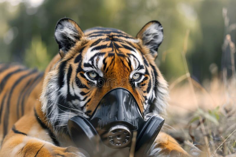 Gas-masked Tiger in the Forest, Symbolizing the Problem of Pollution ...