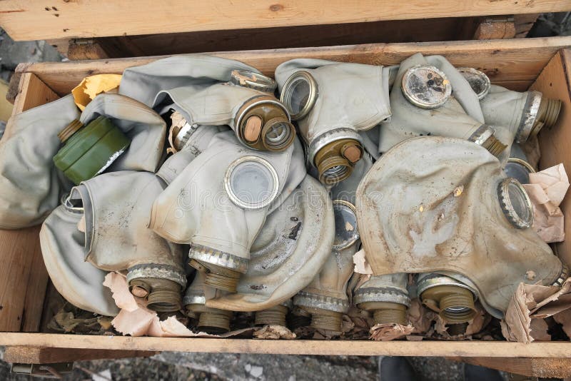 Gas masks in a box stock photo. Image of department - 117591708