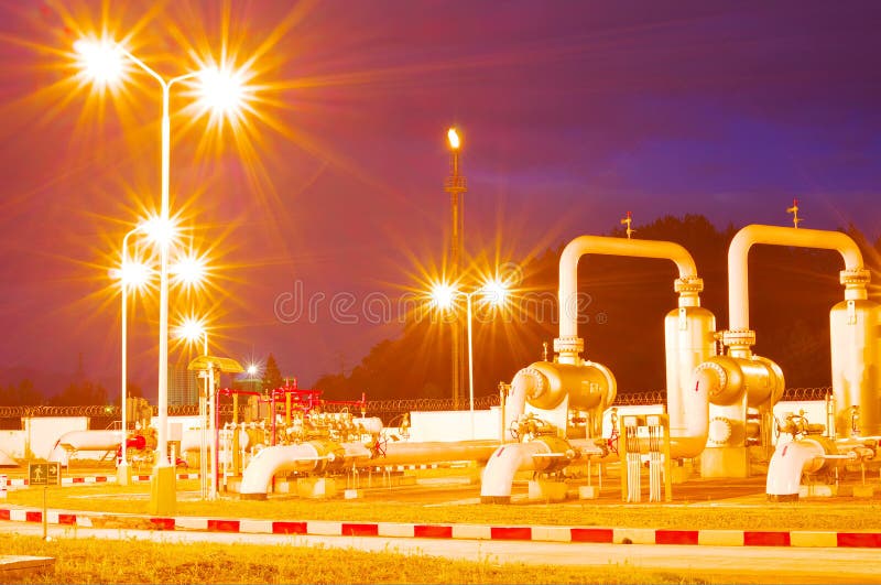 Gas pipeline at night editorial image. Image of industry - 93682200