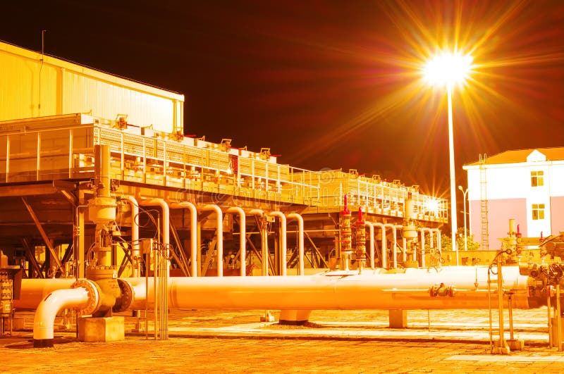Gas pipeline at night editorial stock image. Image of exploration ...