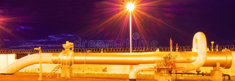 Gas pipeline at night editorial photo. Image of industry - 93682246