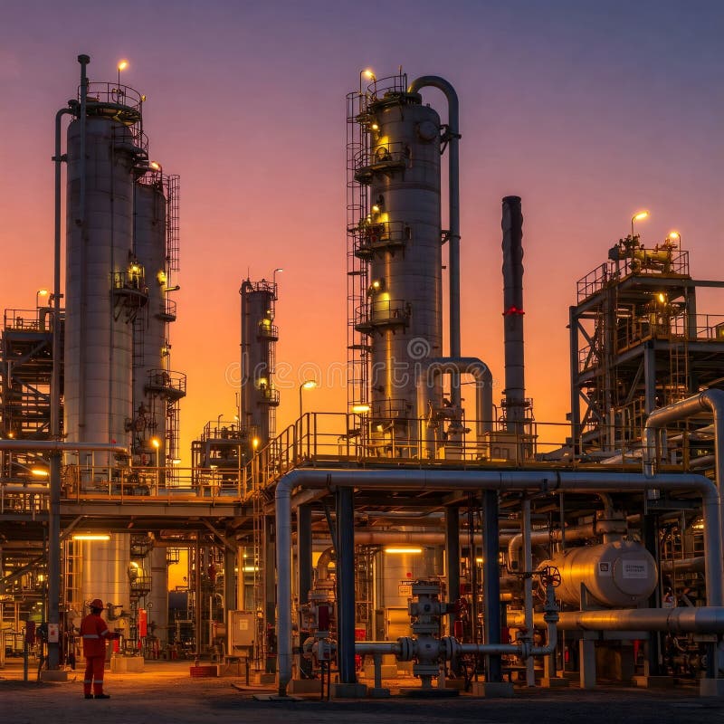 Gas Processing Plant at Sunset with Engineer Supervising Operations ...