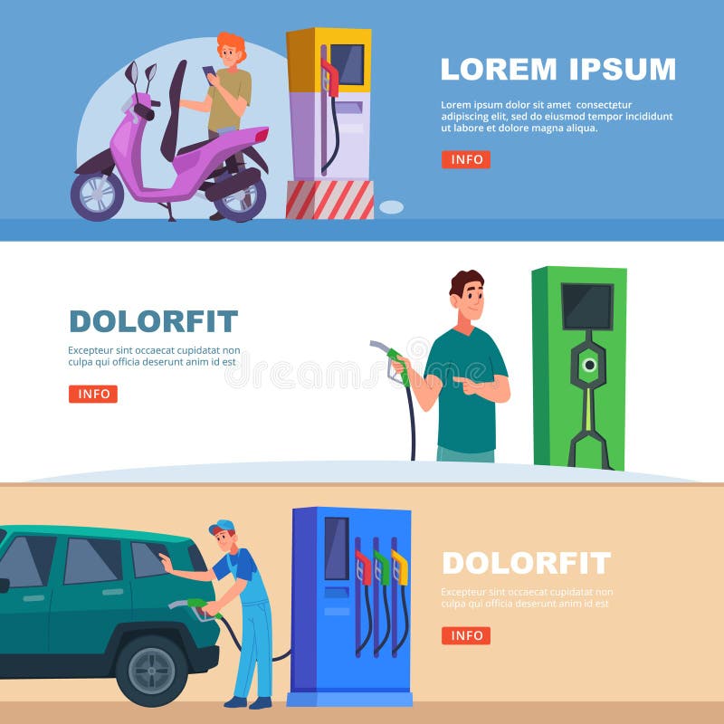 Gas Station. Banners with Driver Refuel Car Stock Vector - Illustration ...