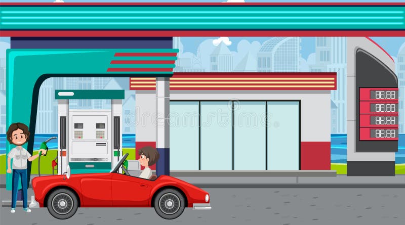 Gas station cartoon scene stock vector. Illustration of vector - 243900009