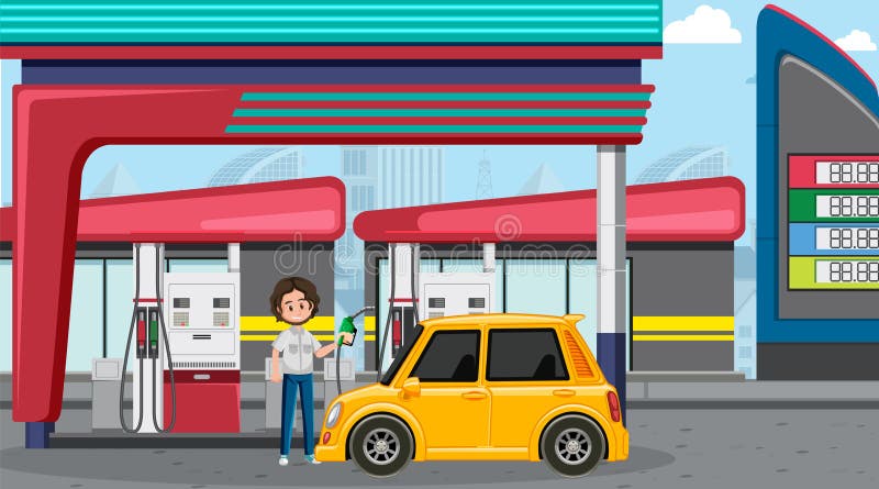 Gas station cartoon scene stock vector. Illustration of pump - 244461557