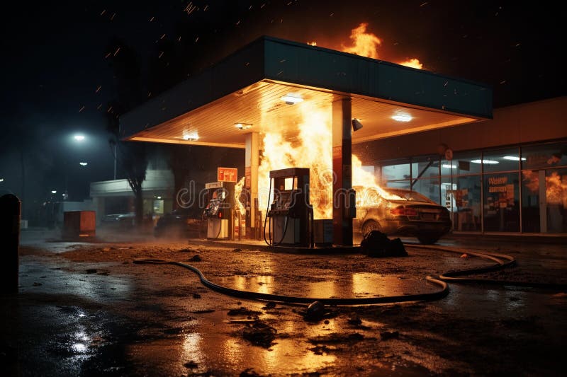 The Gas Station is on Fire at Night. AI Generated. Stock Illustration ...