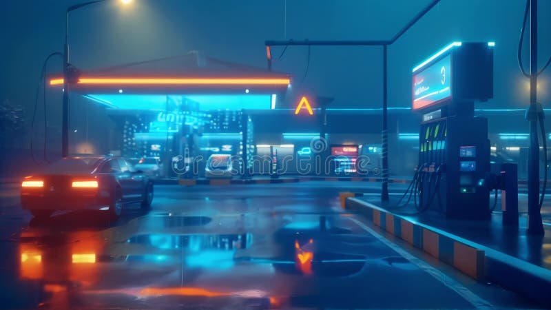 A Gas Station at Night with a Car Passing by. the Scene Captures the ... A Gas Station at Night with a Car Passing by. the Scene Captures the ...